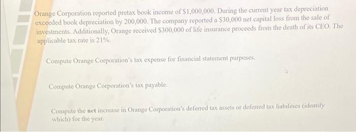 Solved Orange Corporation reported pretax book income of | Chegg.com