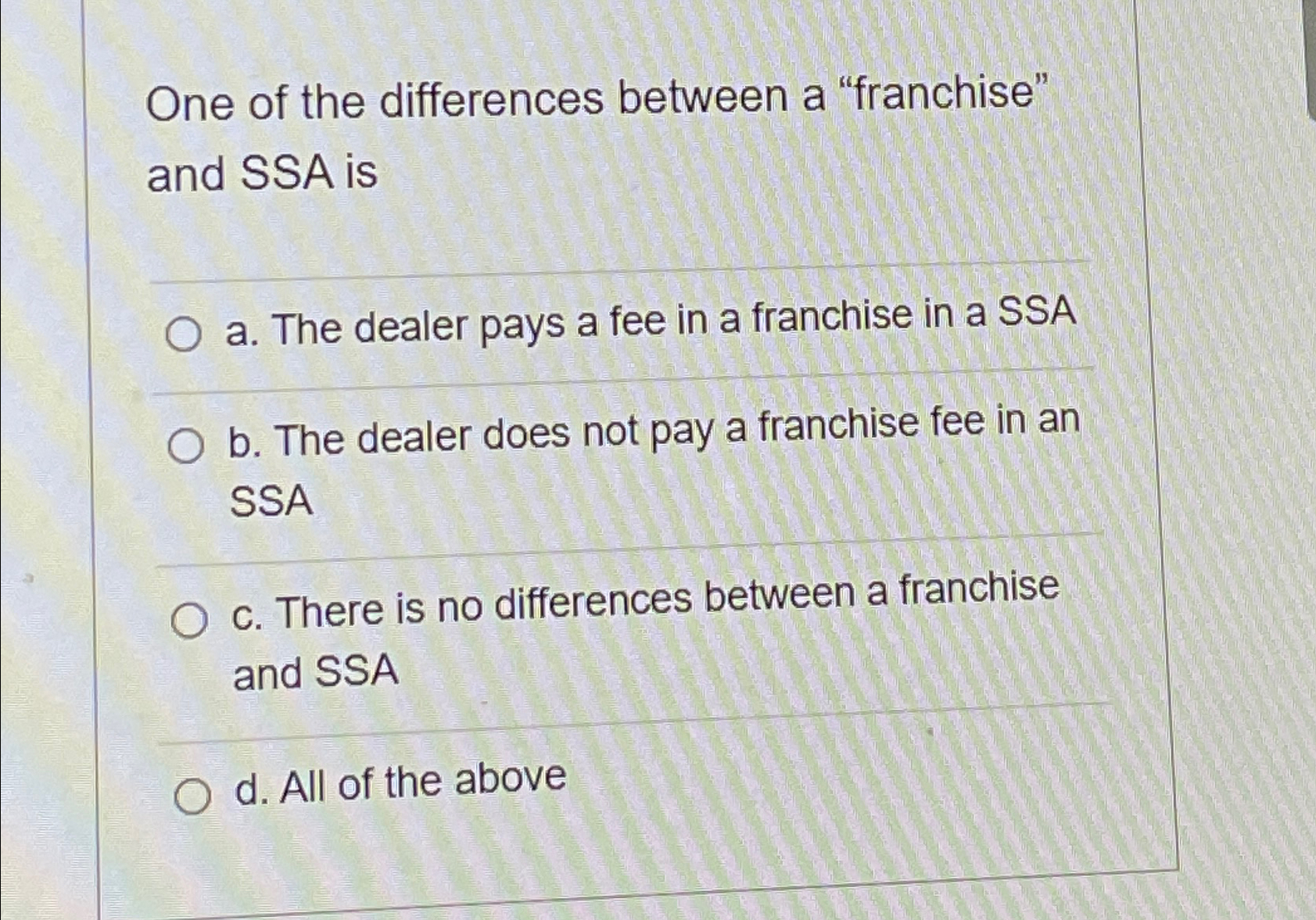 Solved One of the differences between a "franchise" and SSA | Chegg.com