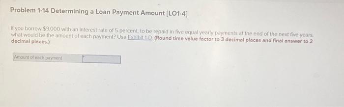 Solved Problem 1-14 Determining a Loan Payment Amount | Chegg.com