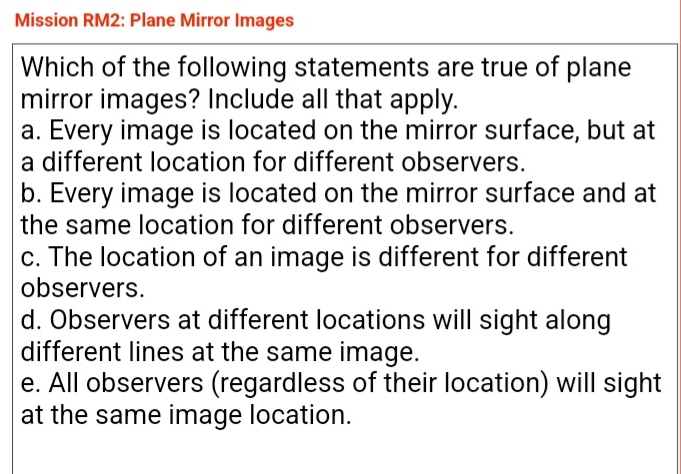 Solved Mission RM2: Plane Mirror ImagesWhich of the | Chegg.com