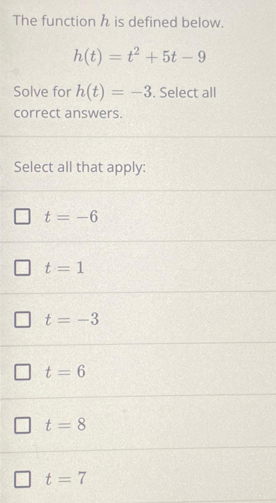 Solved The function h ﻿is defined below.h(t)=t2+5t-9Solve | Chegg.com