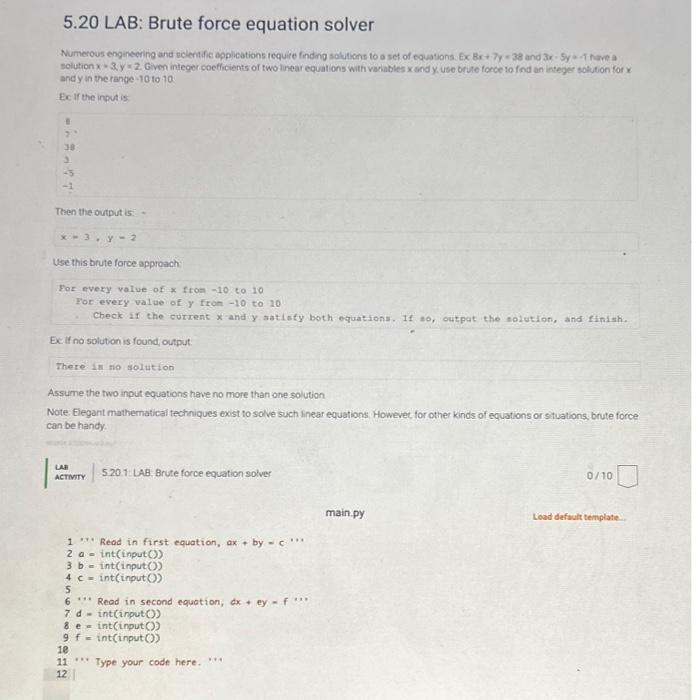 Solved 5.20 LAB: Brute force equation solver Numerous | Chegg.com