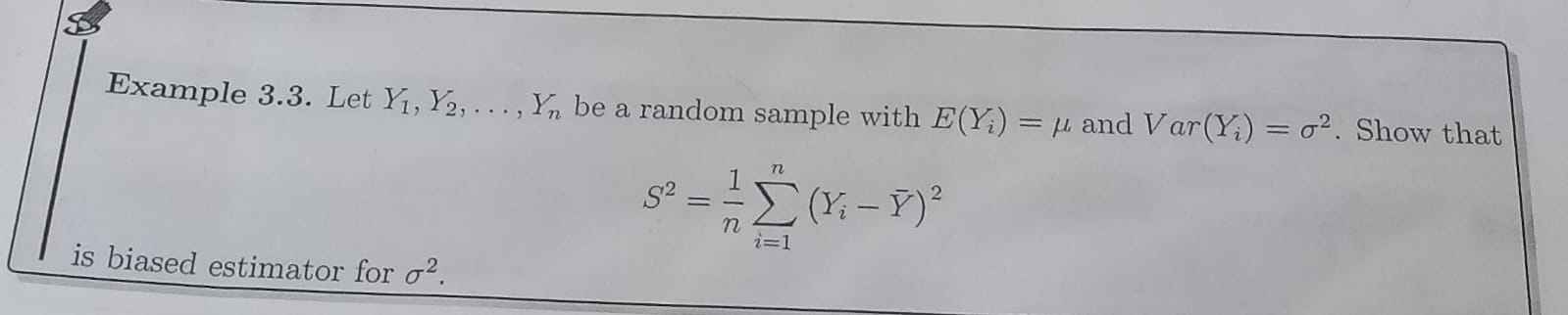 Solved Example 3.3. ﻿Let Y1,Y2,dots,Yn ﻿be a random sample | Chegg.com