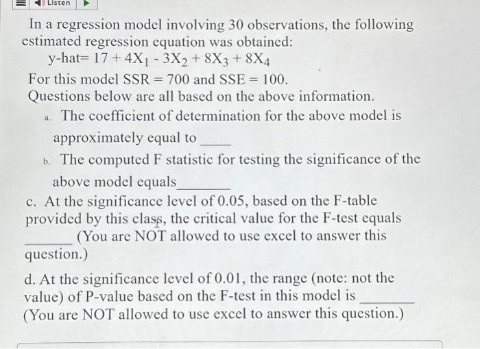 Solved In a regression model involving 30 observations, the | Chegg.com
