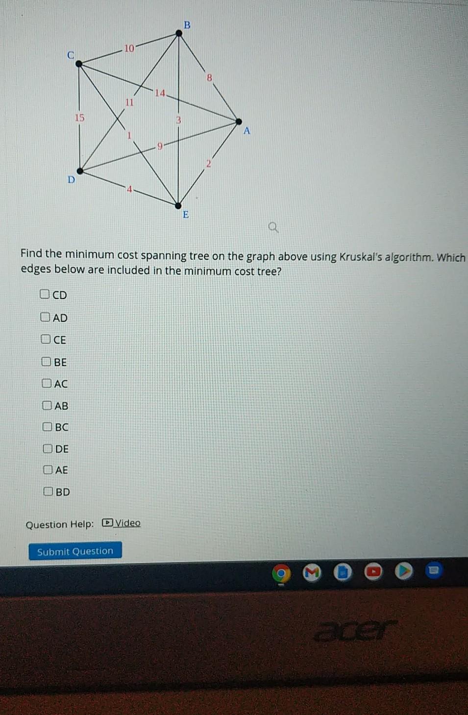 Solved B 8 15 3 A D E Find the minimum cost spanning tree on | Chegg.com