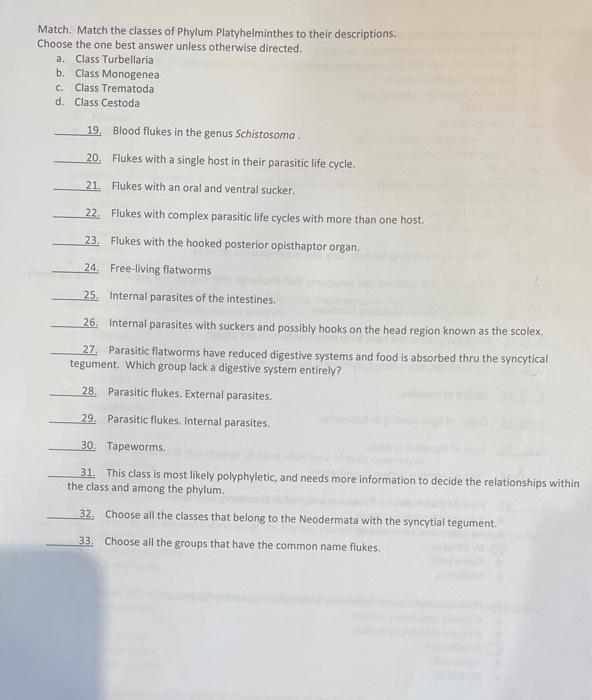 Solved Match. Match the classes of Phylum Platyhelminthes to | Chegg.com