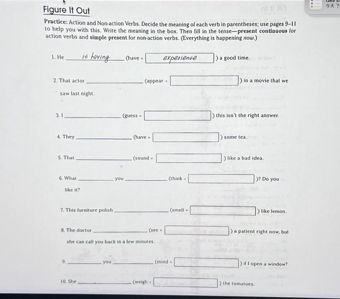 Solved Figure It Out Practice: Action and Non-action Verbs. | Chegg.com