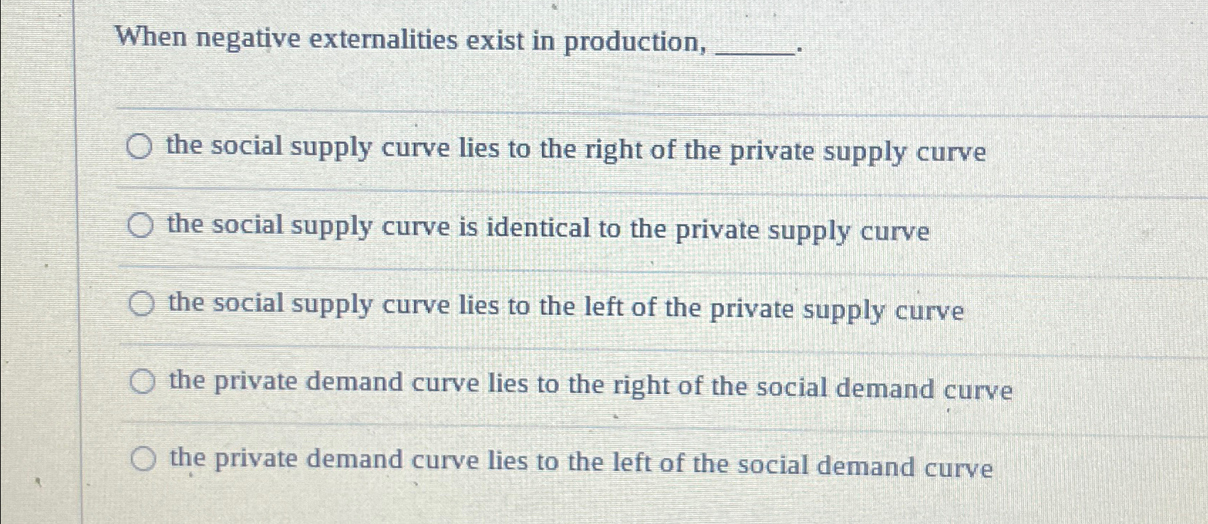 Solved When negative externalities exist in production,the | Chegg.com