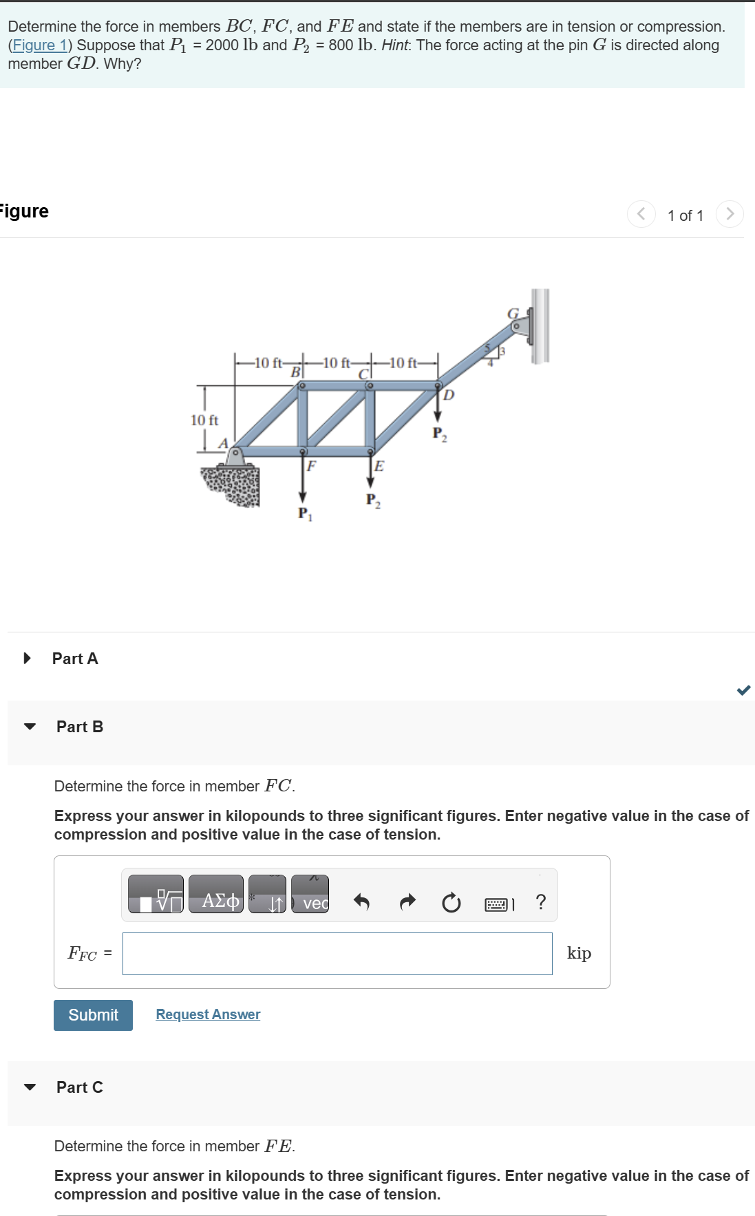 Solved Determine the force in members \( ﻿B C, ﻿F C \), ﻿and | Chegg.com