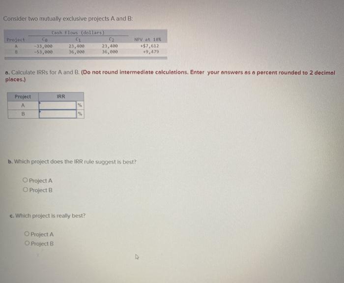 Solved Consider two mutually exclusive projects A and B: | Chegg.com