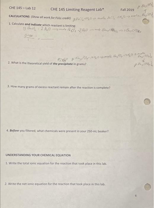 CHE 145 - Lab 12 CHE 145 Limiting Reagent Labº Fall | Chegg.com