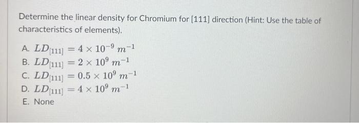 Solved Determine the linear density for Chromium for [111] | Chegg.com