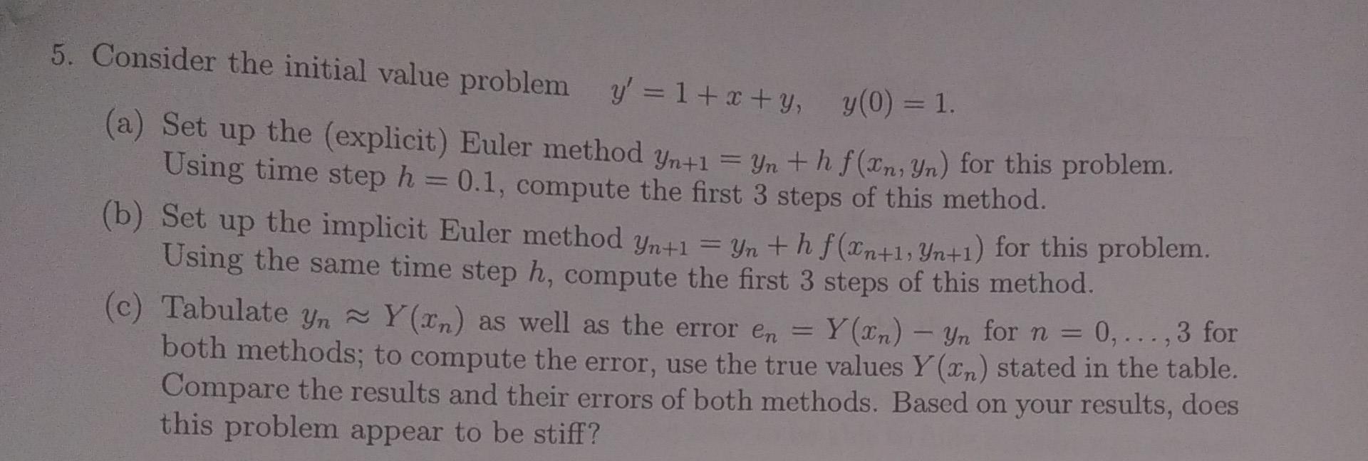 Solved 5. Consider the initial value problem y′=1+x+y,y(0)=1 | Chegg.com