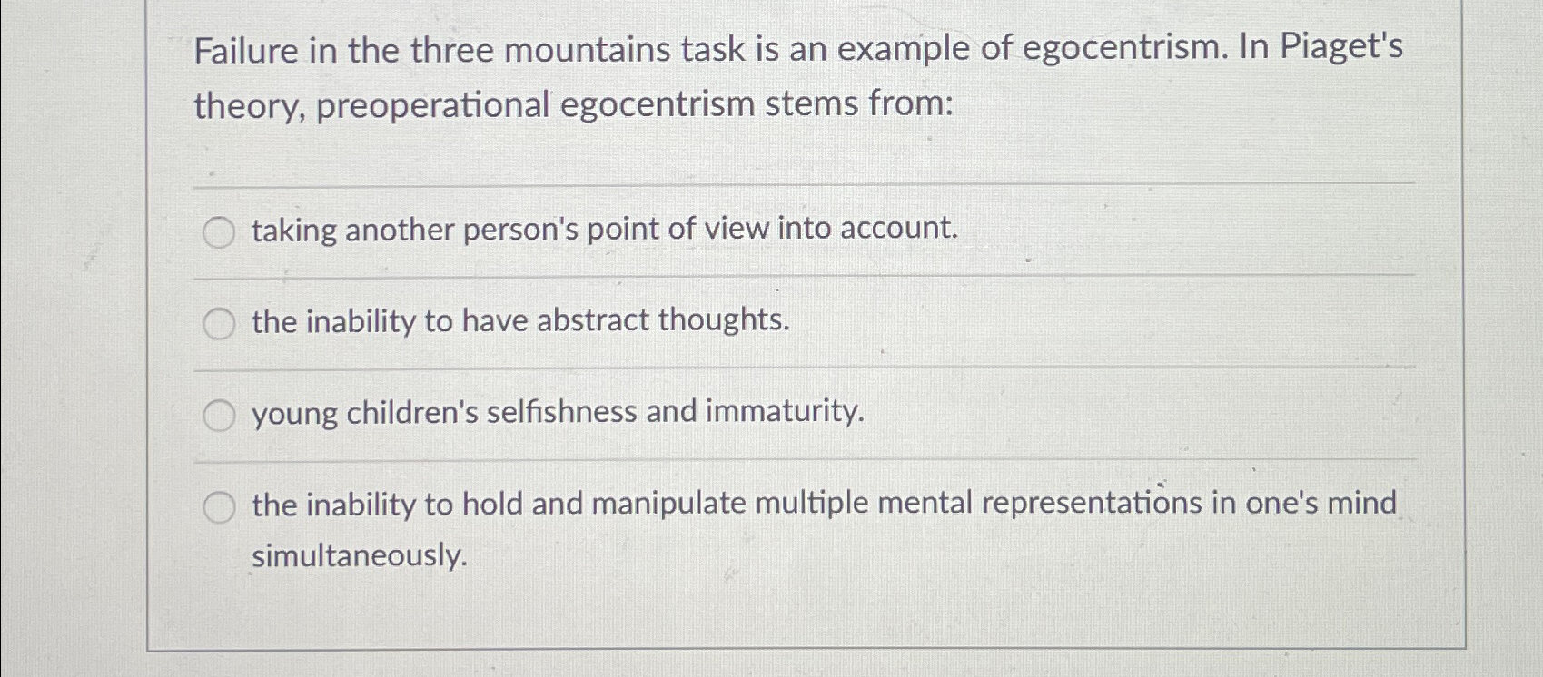Solved Failure in the three mountains task is an example of | Chegg.com