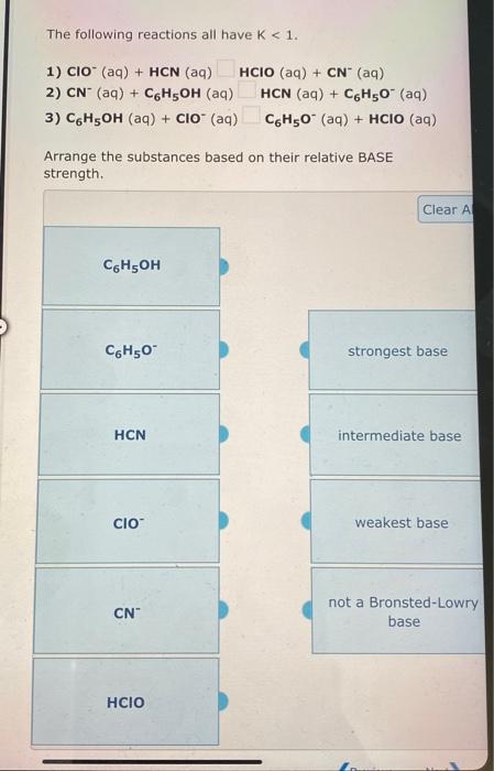 Solved All C6H5OH C6H50 strongest base HCN intermediate base | Chegg.com