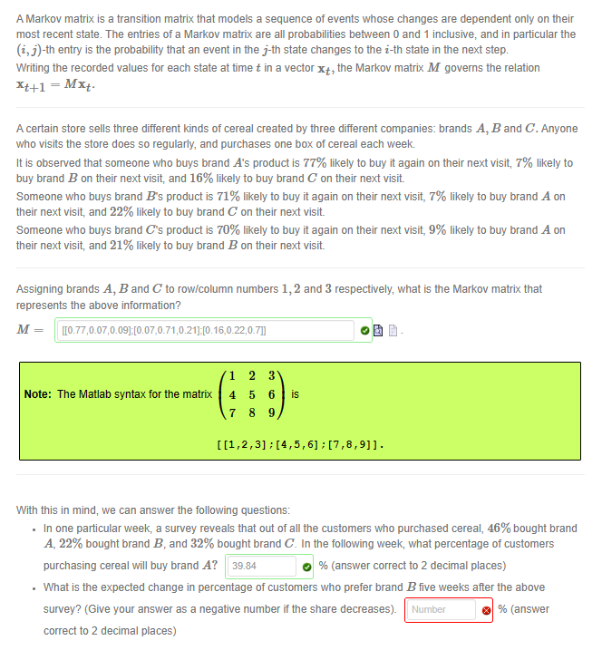 Solved A Markov matrix is a transition matrix that models a | Chegg.com