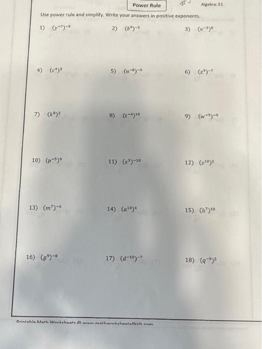 Solved Power Rule Algebra: E1 Use power rule and simplify. | Chegg.com