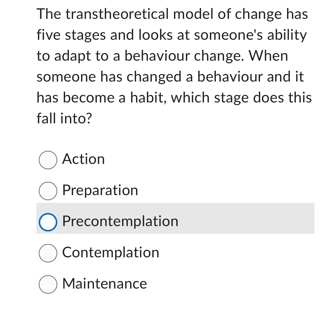 Solved The transtheoretical model of change hasfive stages | Chegg.com
