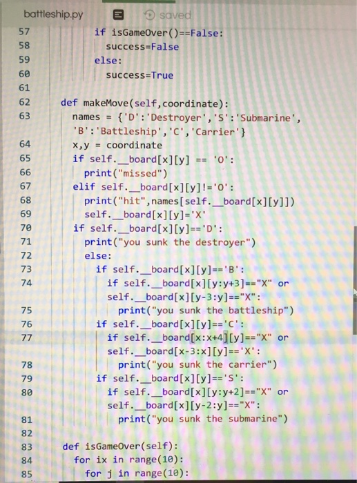 Solved python please. I have to make a battleship game which | Chegg.com
