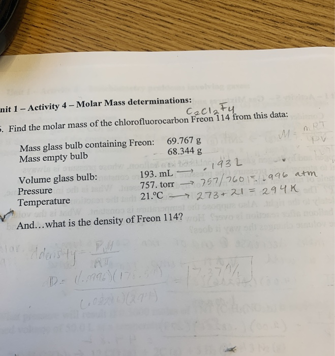 Solved nit 1- Activity 4 - Molar Mass determinations: C2cl2 | Chegg.com