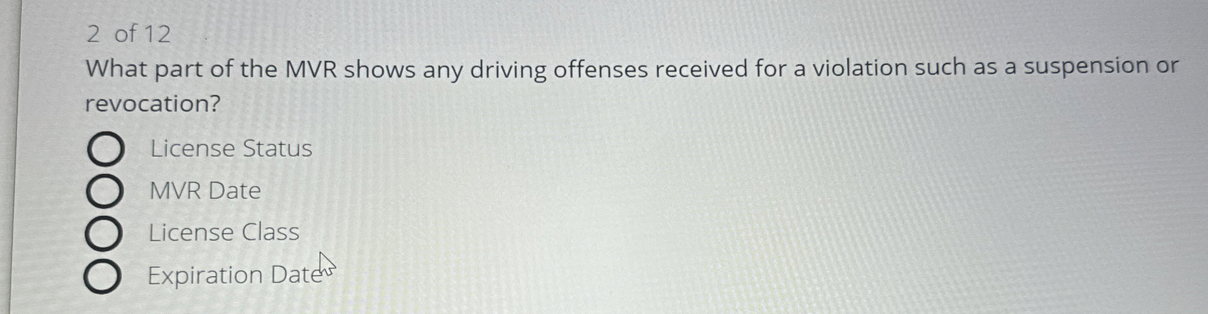 Solved 2 ﻿of 12What part of the MVR shows any driving | Chegg.com