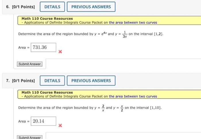 Solved Math 110 Course Resources - Applications of Definite | Chegg.com