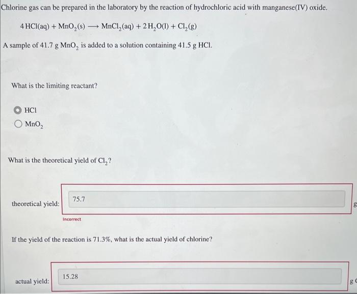 Solved 4HCl(aq)+MnO2( s) MnCl2(aq)+2H2O(l)+Cl2( g) A sample | Chegg.com