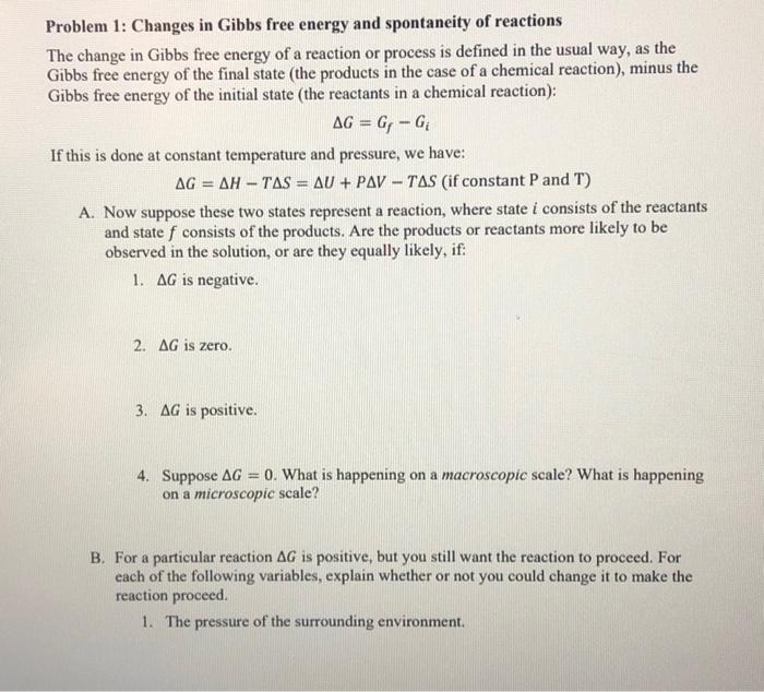 Solved Problem 1: Changes in Gibbs free energy and | Chegg.com