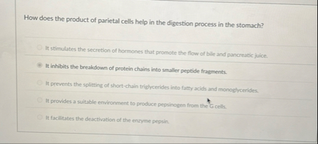 Solved How does the product of parietal cells help in the | Chegg.com
