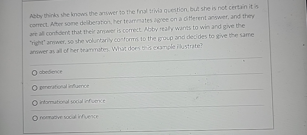 Solved Abby thinks she knows the answer to the final trivia | Chegg.com