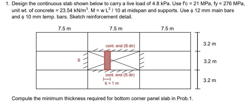 1. Design the continuous slab shown below to carry a | Chegg.com