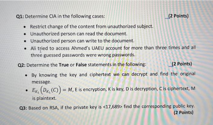 Solved Q1: Determine CIA in the following cases: (2 Points) | Chegg.com