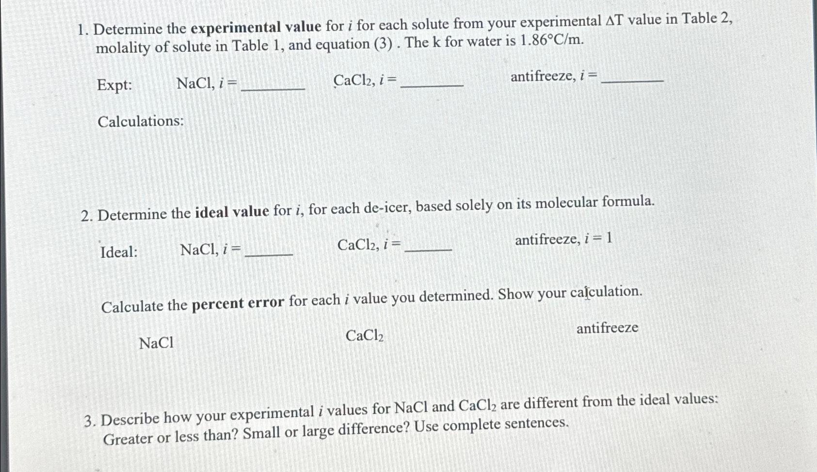 Solved Determine the experimental value for i for each | Chegg.com