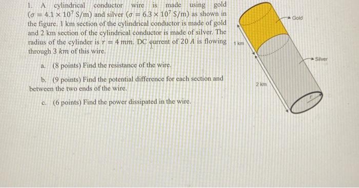 Solved 1. A cylindrical conductor wire is made using gold | Chegg.com