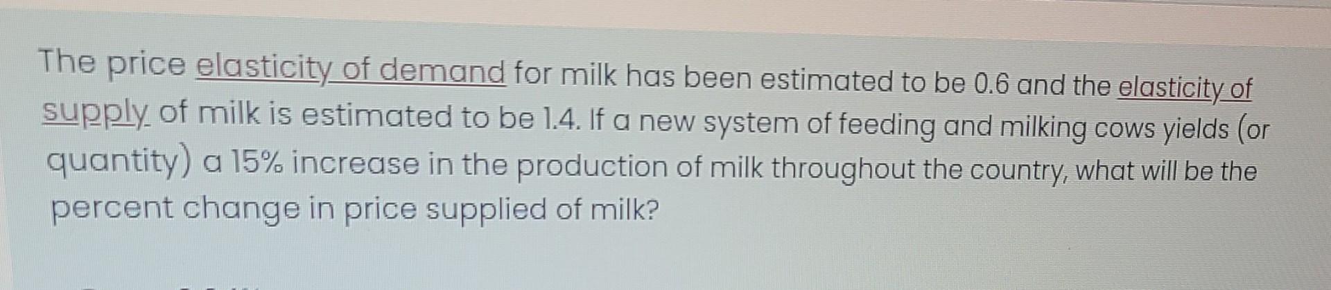 Solved The price elasticity of demand for milk has been | Chegg.com