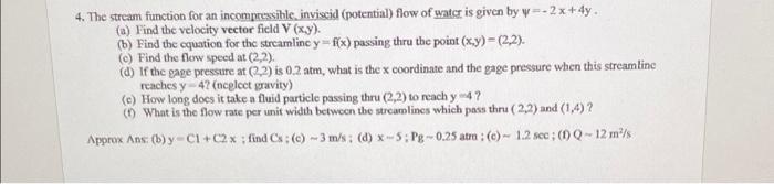 Solved The stream function for an incompressible, inviscid | Chegg.com