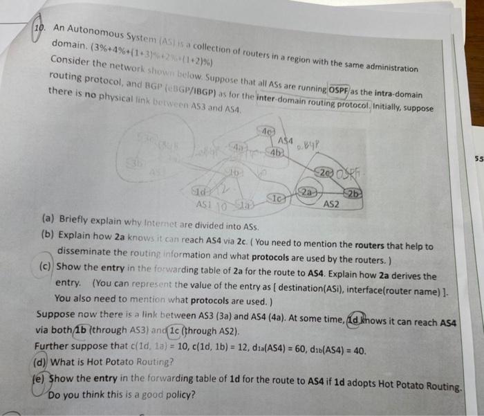 Solved 10. An Autonomous System (AS is a collection of | Chegg.com