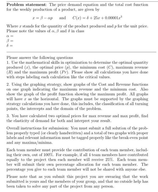 Problem statement: The price demand equation and the | Chegg.com