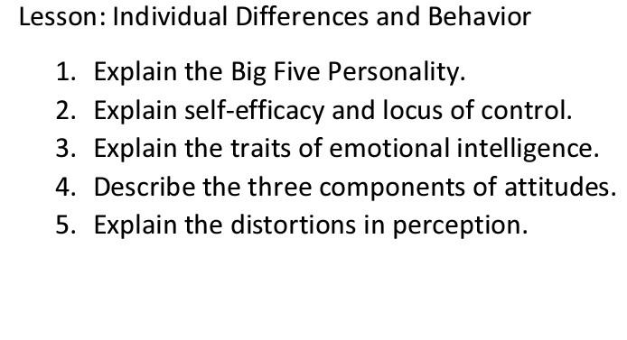 Solved Lesson: Individual Differences and Behavior 1. | Chegg.com