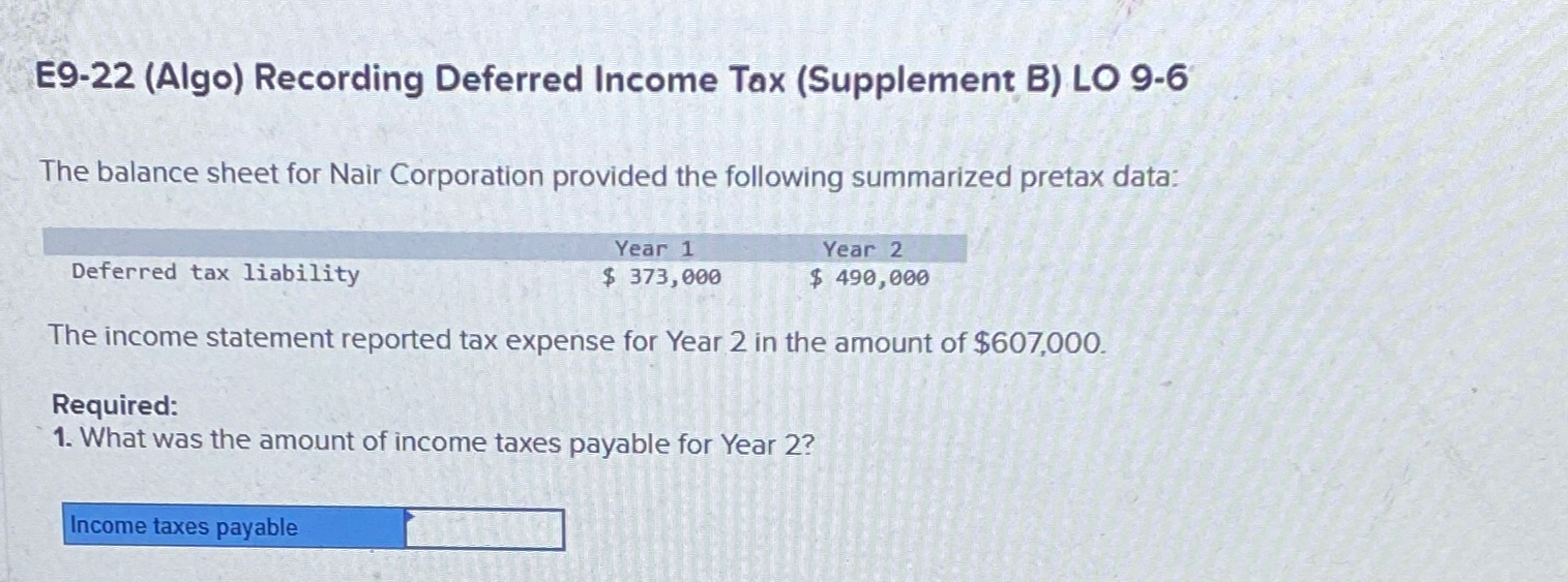 Solved E9-22 (Algo) ﻿Recording Deferred Income Tax | Chegg.com