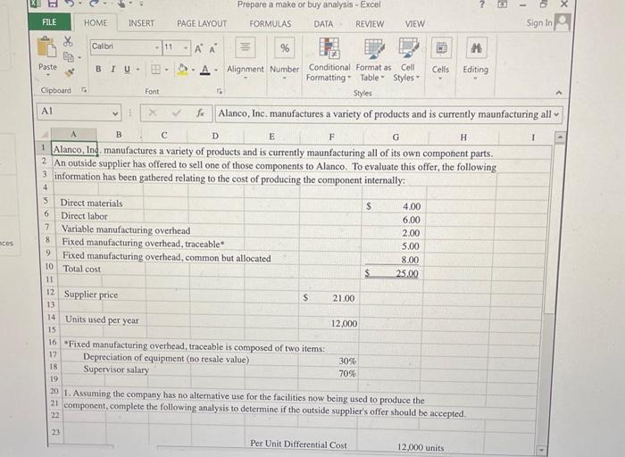Solved Teparing a Make or Buy Analysis using Excel's SUM, IF | Chegg.com