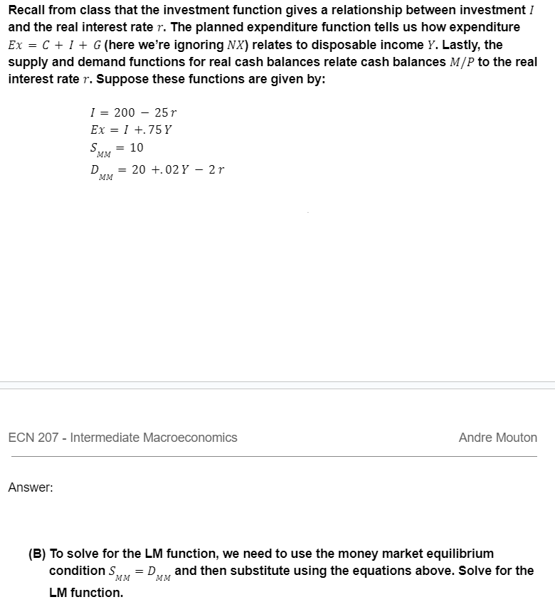 Solved Recall from class that the investment function gives | Chegg.com