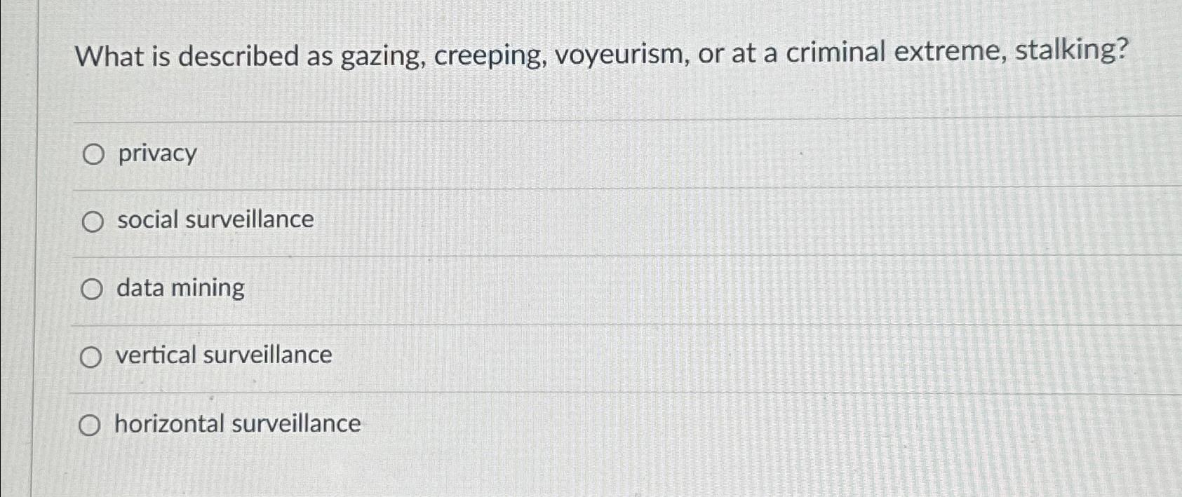 What is described as gazing, creeping, voyeurism, or | Chegg.com