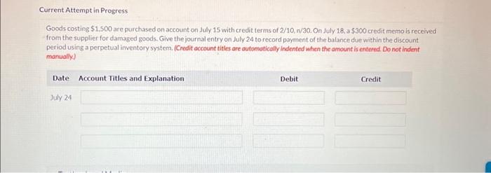 Solved Current Attempt in Progress Goods costing $1,500 are | Chegg.com