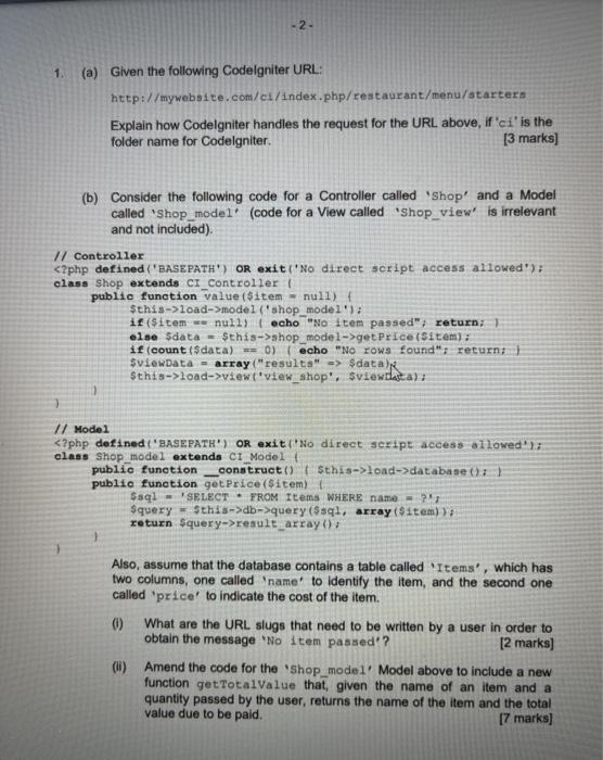 -2- 1. (a) Given the following Codeigniter URL: | Chegg.com