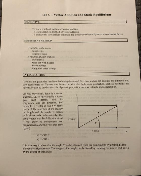 Solved Lab 5 - Vector Addition and Static Equilibrium | Chegg.com