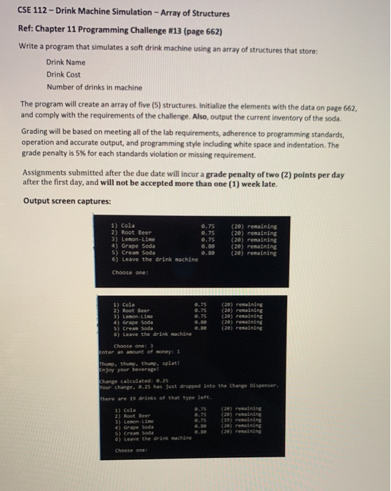 Solved CSE 112 - Drink Machine Simulation - Array of | Chegg.com