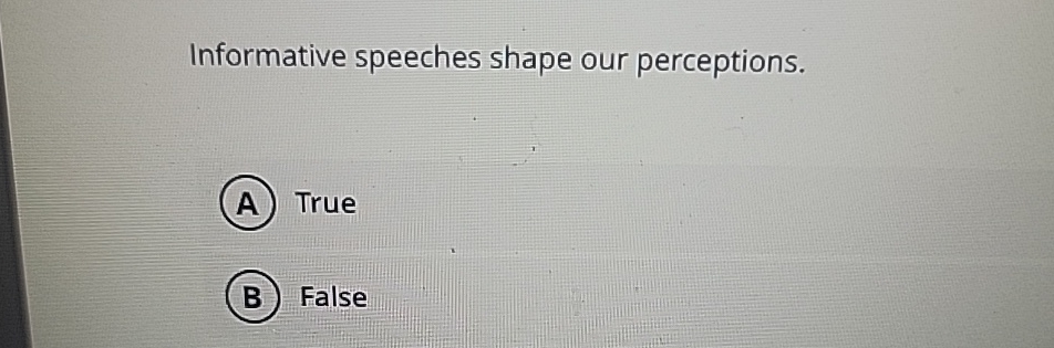 Solved Informative speeches shape our perceptions.TrueFalse | Chegg.com
