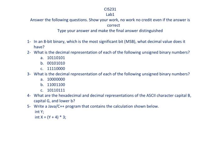 Solved CIS231 Lab1 Answer the following questions. Show | Chegg.com