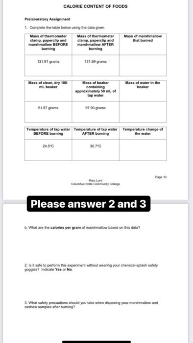 Solved CALORIE CONTENT OF FOODS Prelaboratory Assignment 1. | Chegg.com